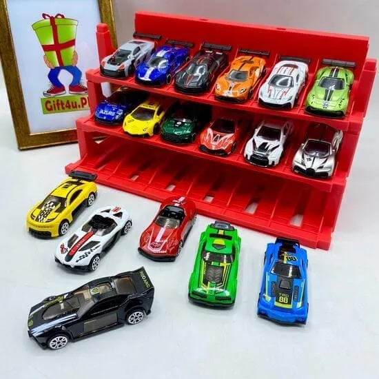 18 Pcs Die-Cast Sports Cars Set With Display Stand - Gift4u.Pk